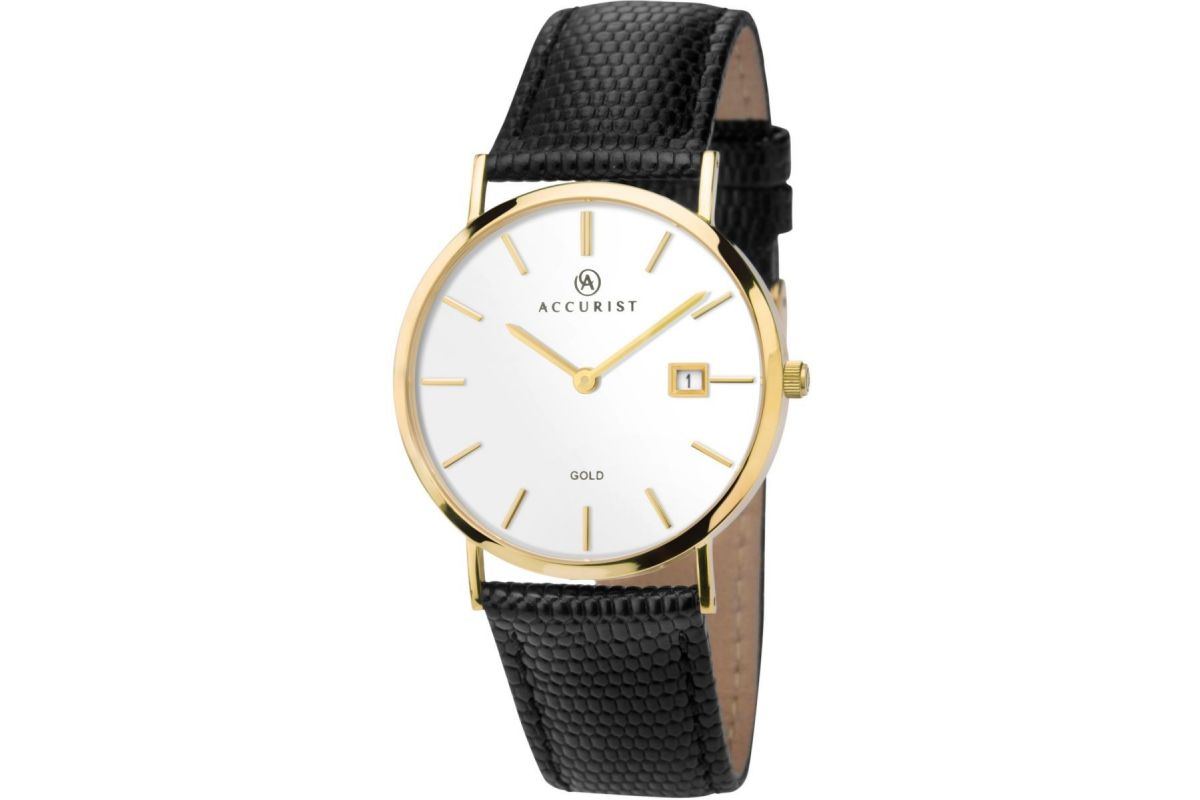 Men's Accurist Precious Metals 9ct Gold Case on Black Leather Strap ...